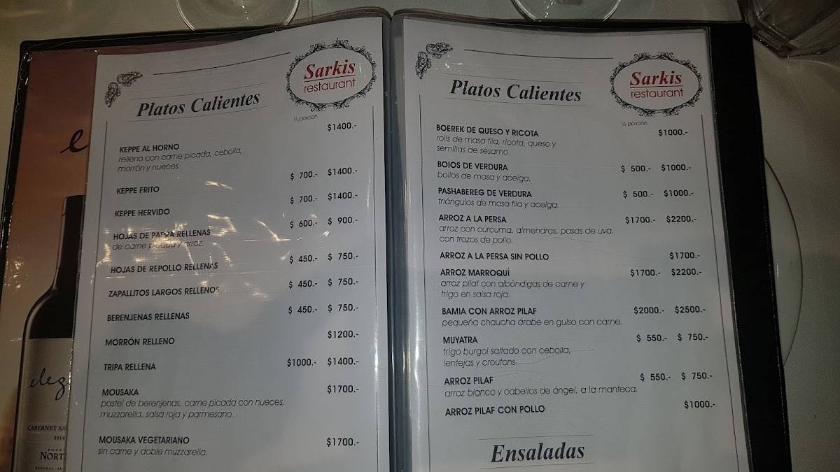Carta del restaurante Sarkis, Buenos Aires