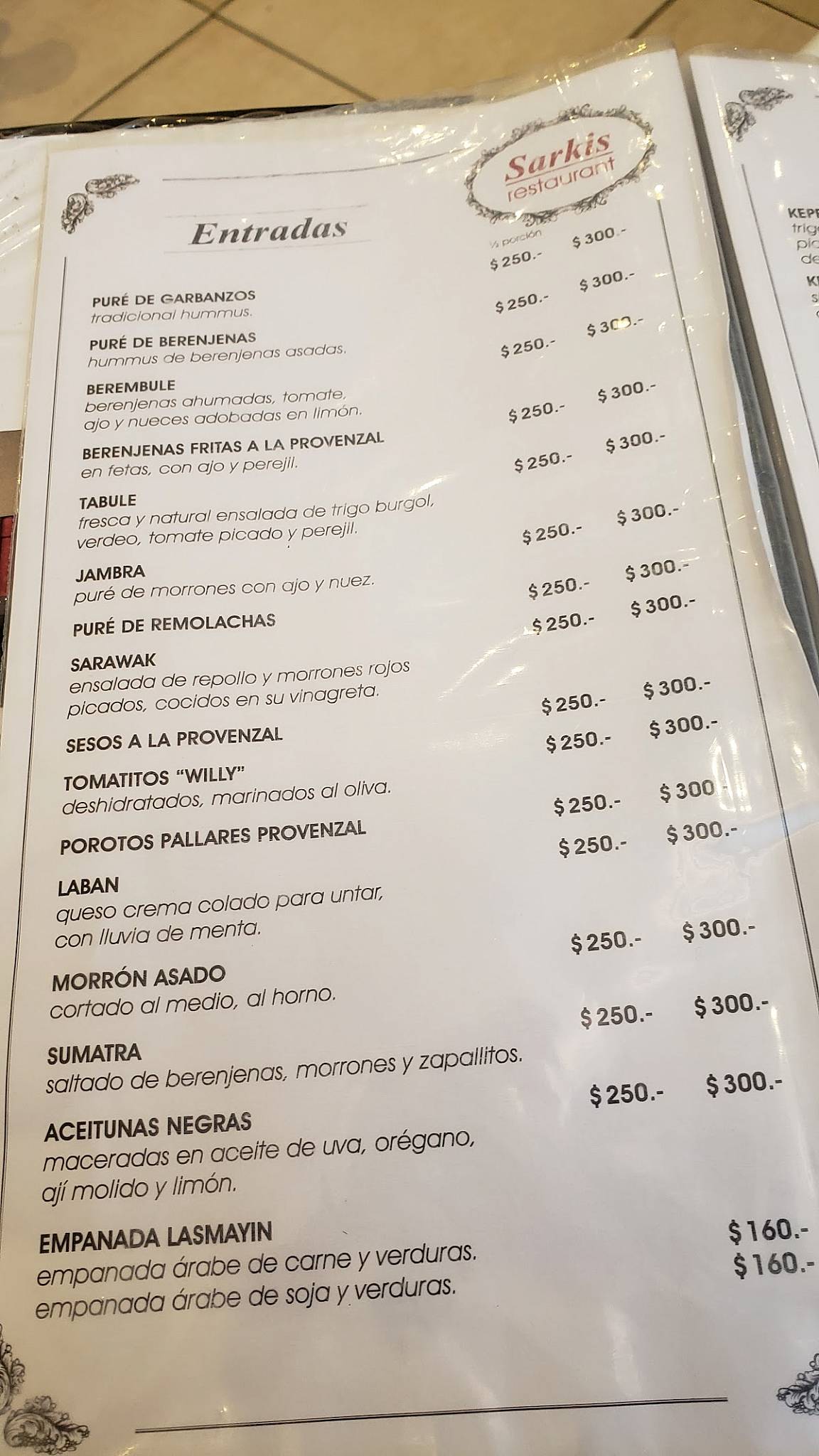Carta del restaurante Sarkis, Buenos Aires