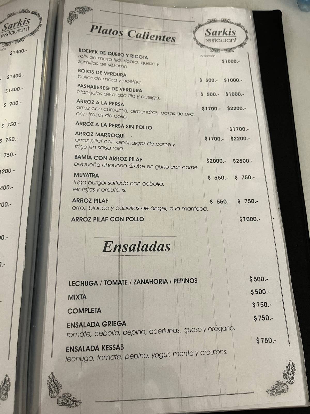Carta del restaurante Sarkis, Buenos Aires