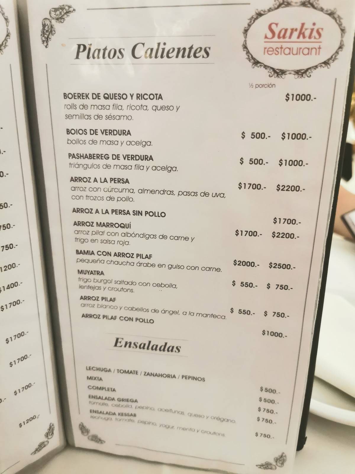 Carta del restaurante Sarkis, Buenos Aires