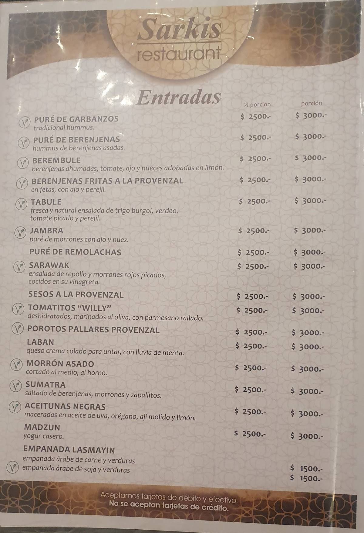 Carta del restaurante Sarkis, Buenos Aires