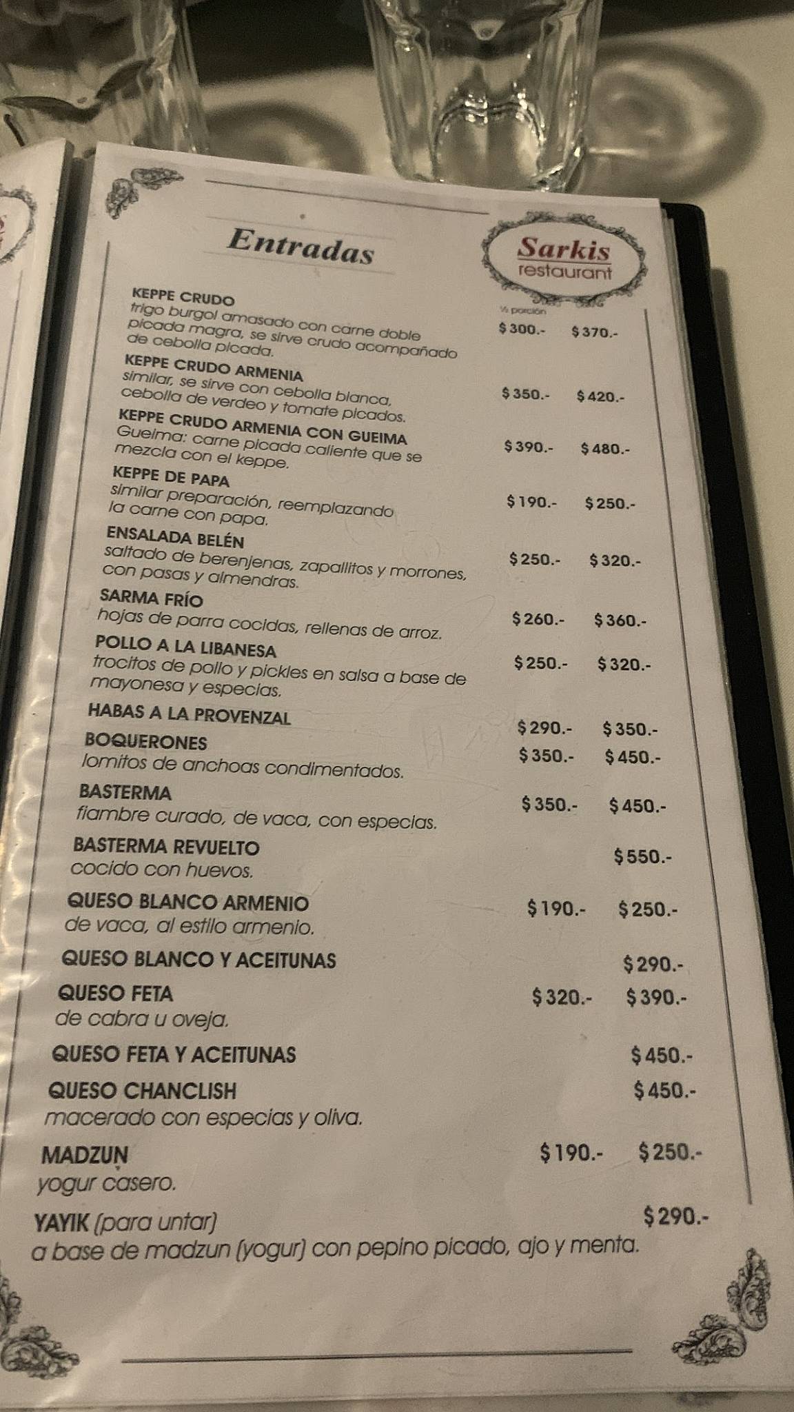 Carta del restaurante Sarkis, Buenos Aires