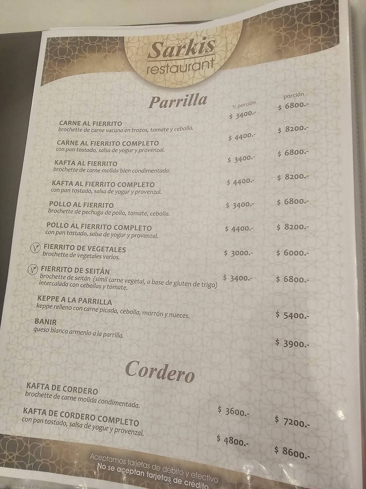 Carta del restaurante Sarkis, Buenos Aires