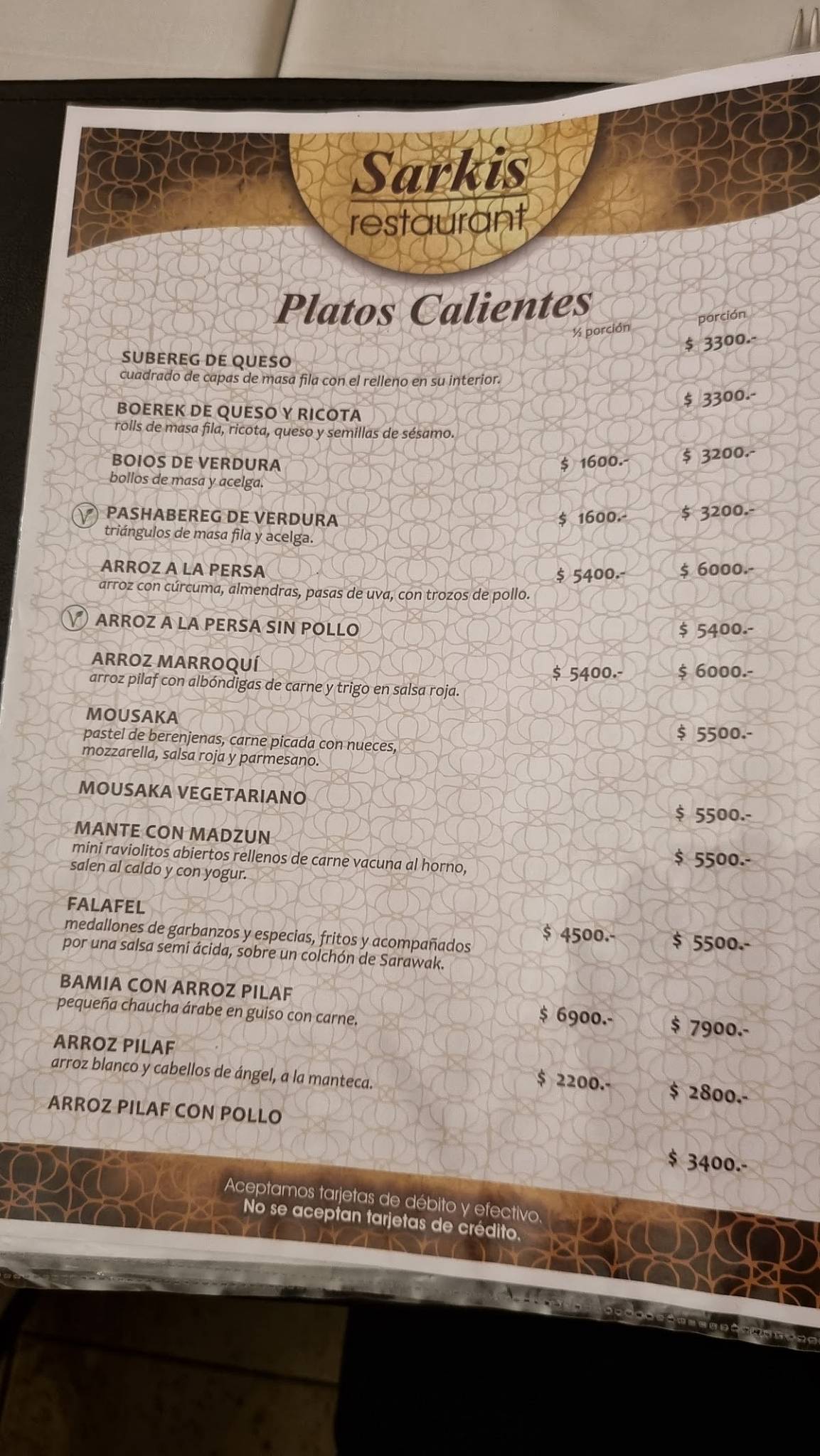 Carta del restaurante Sarkis, Buenos Aires