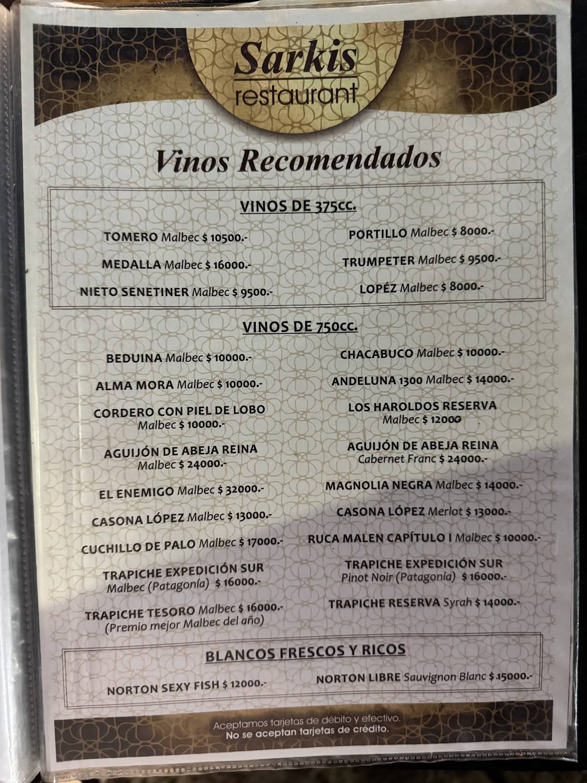 Menu at Sarkis restaurant, Buenos Aires