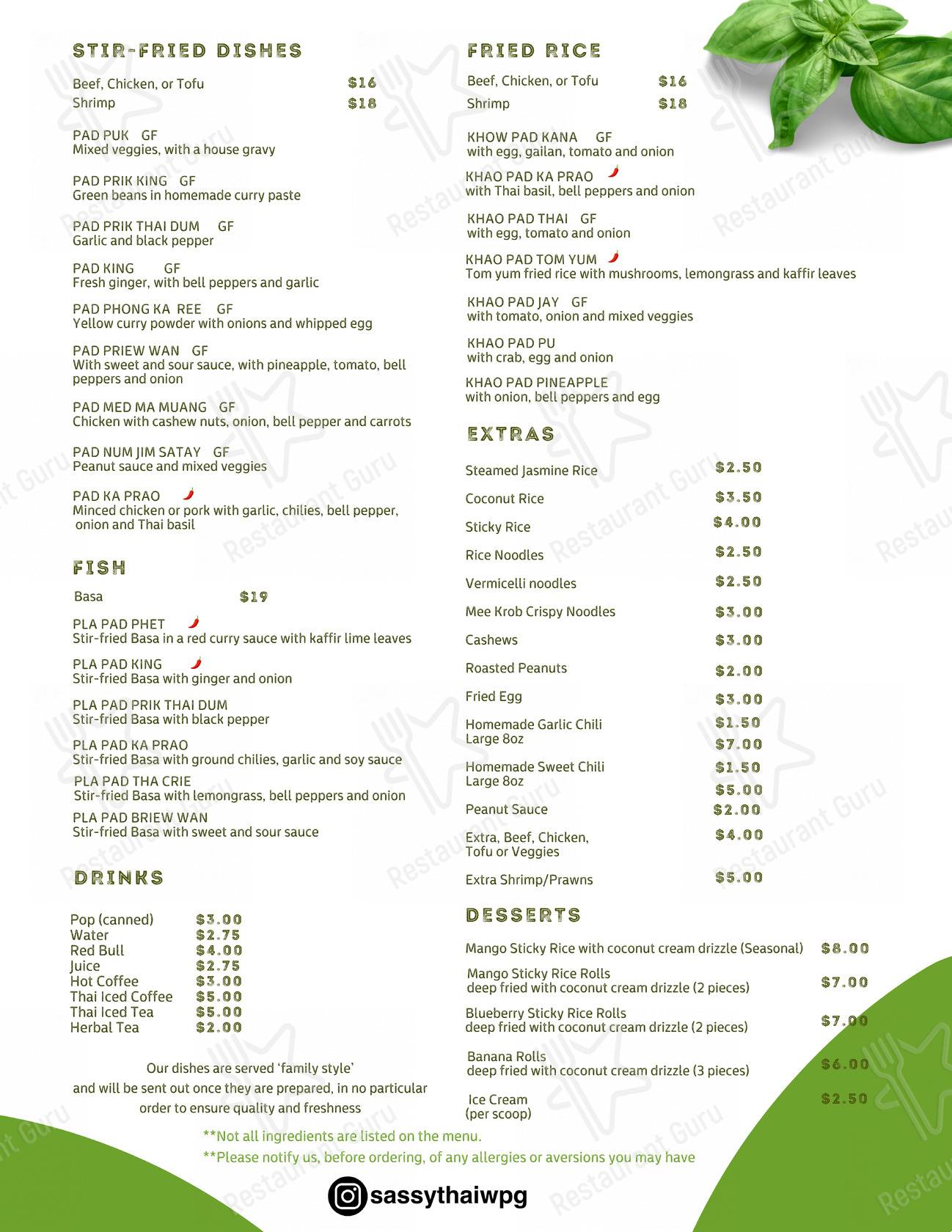 Menu at Sassy Thai restaurant, Winnipeg
