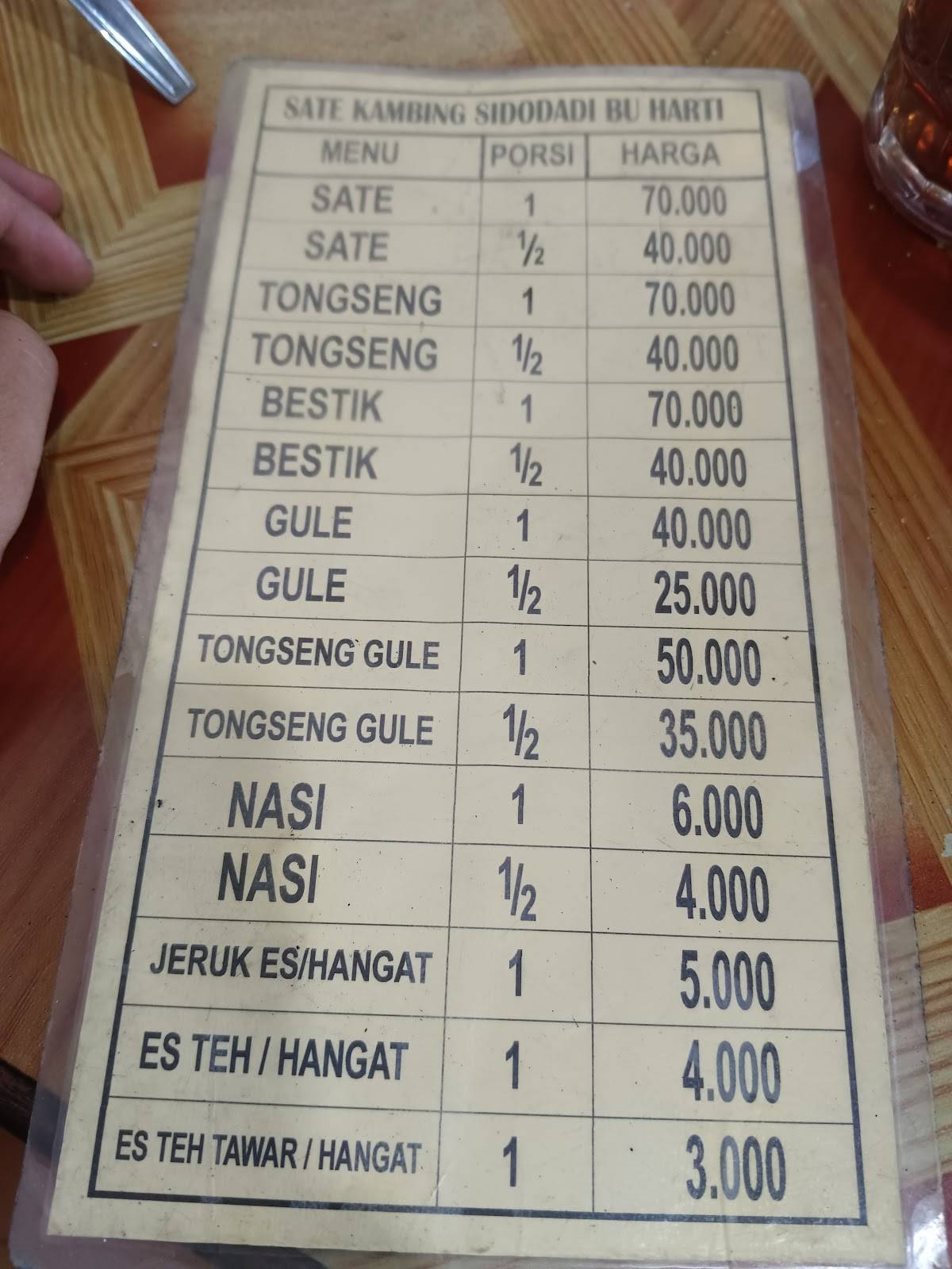 Menu at Sate Kambing Sidodadi BU HARTI restaurant, Semarang