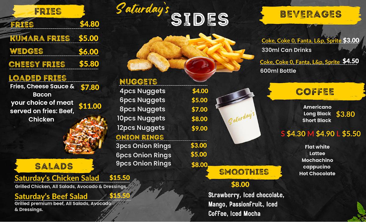 Menu at Saturday’s Burger & Chicken restaurant, New Zealand