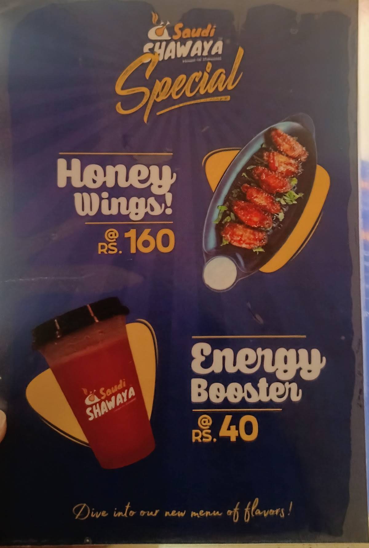 Menu at Saudi Shawaya, Payyanur