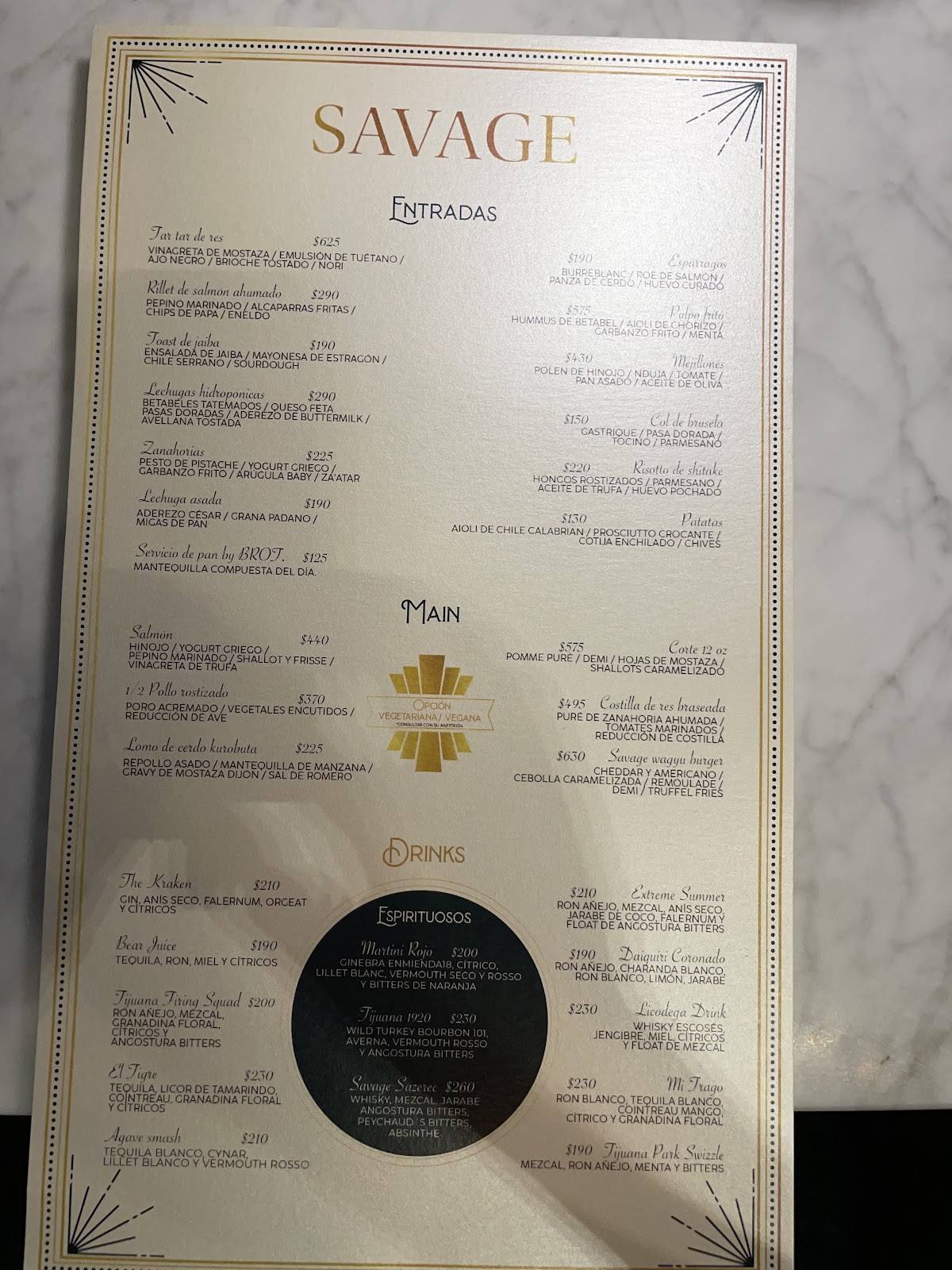 Menu at Savage restaurant, Tijuana