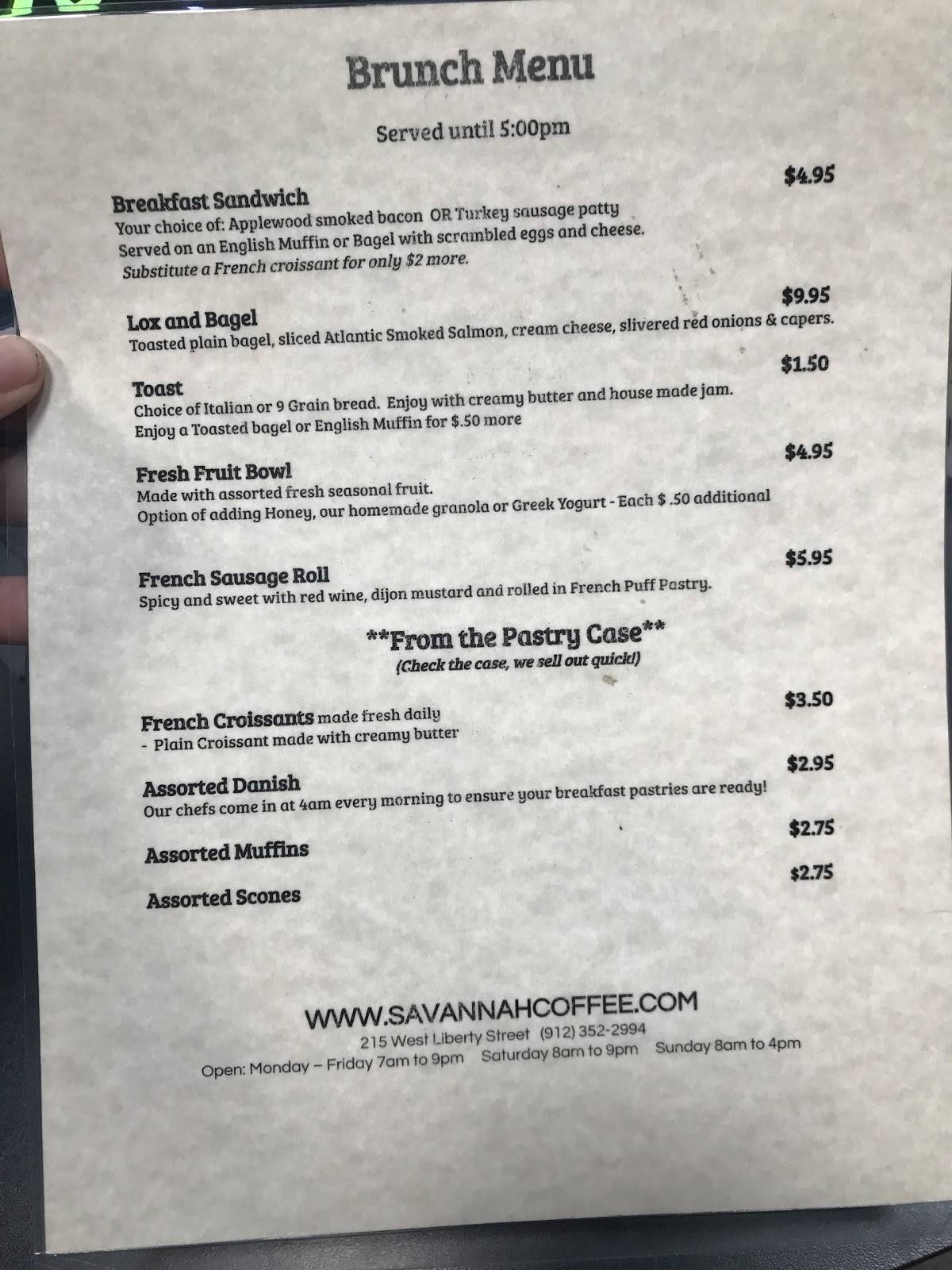 Menu at Savannah Coffee Roasters coffee house, Savannah, 215 W Liberty St