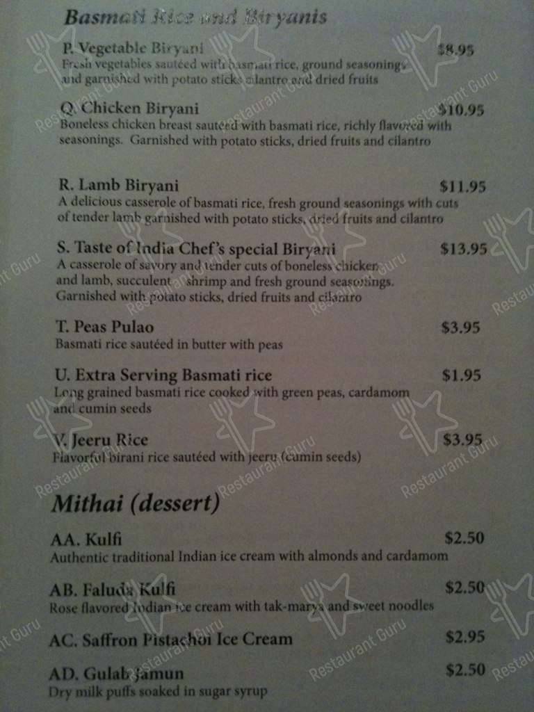 Menu at Taste of India restaurant, Savannah, 401 Mall Blvd