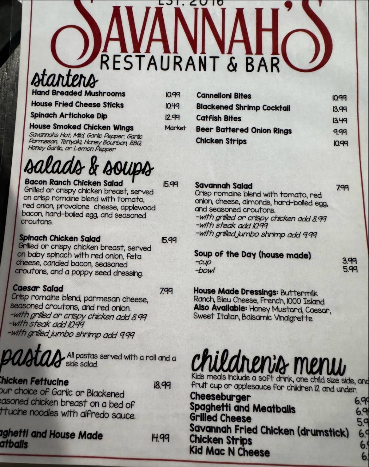 Menu at Savannah's Restaurant & Bar, Cedar Hill