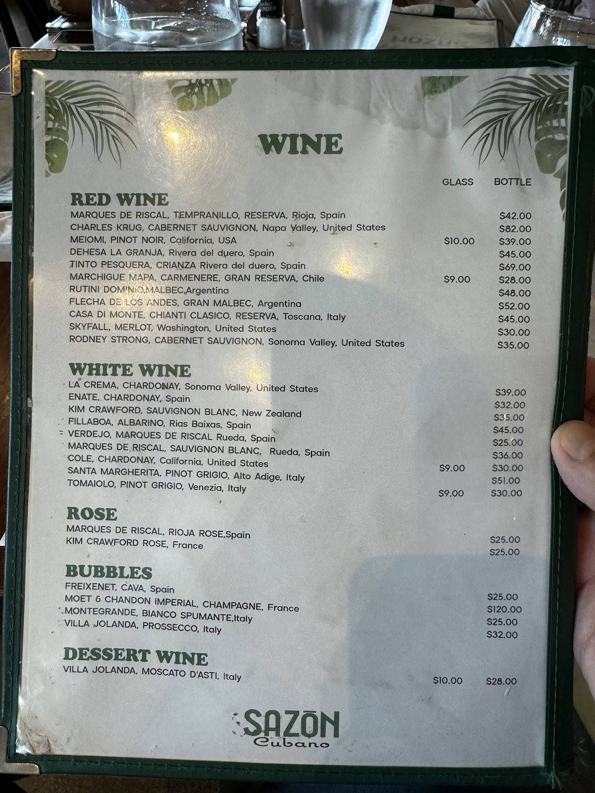 Menu at Sazon Cubano pub & bar, Miami Beach, Collins Ave