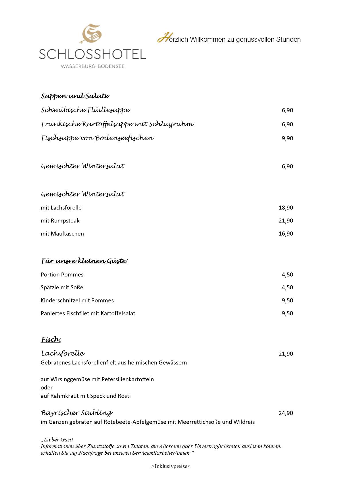 Speisekarte von Schloss Hotel Wasserburg cafe, Wasserburg (Bodensee)