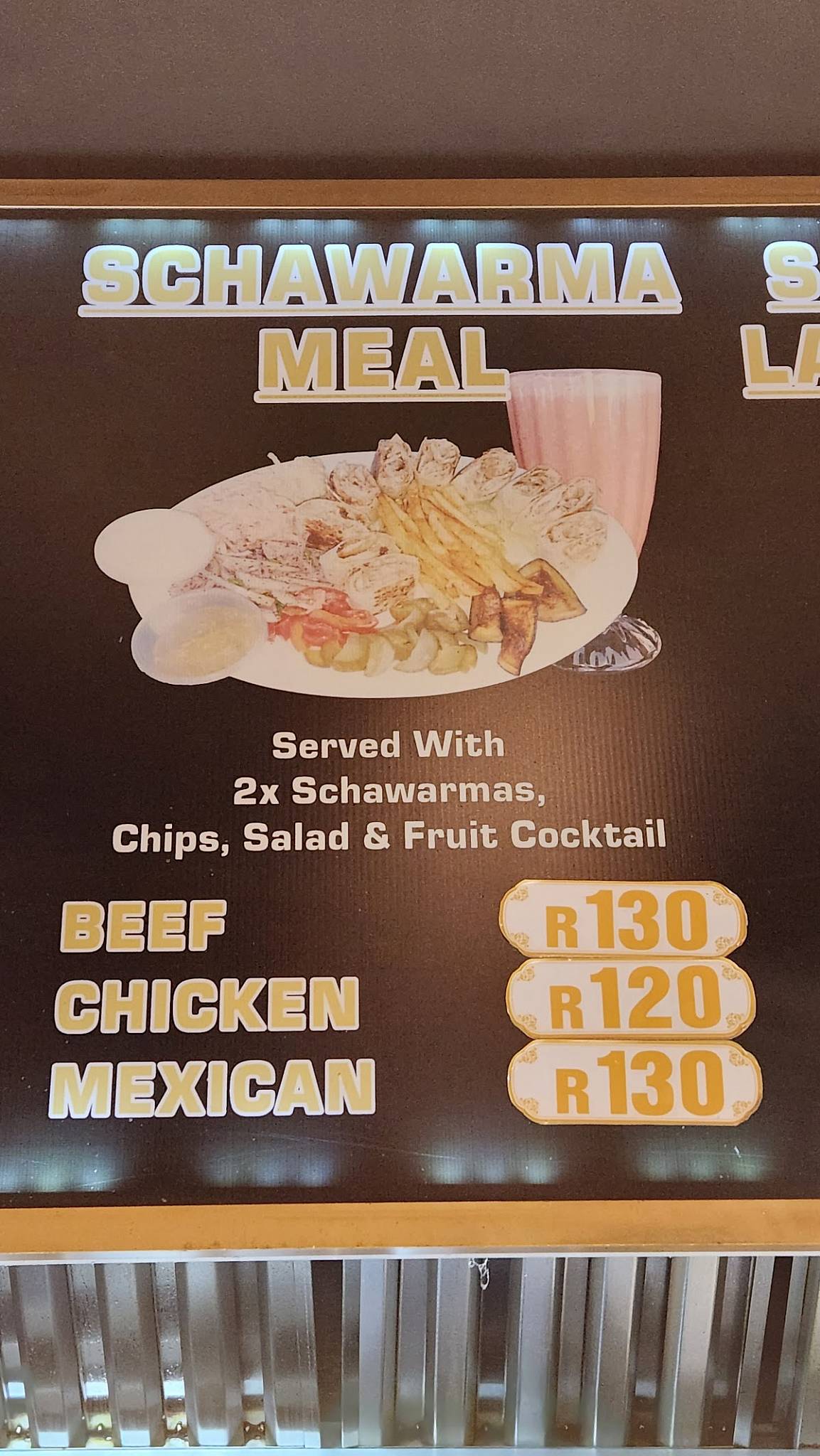 Menu at Schwarma Syrian Rose restaurant, Johannesburg