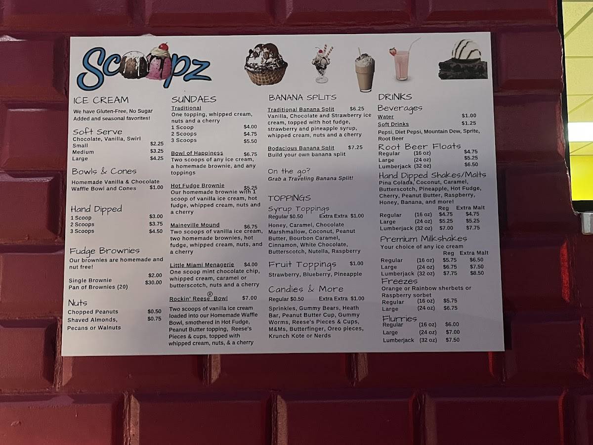 Menu at Scoopz, Maineville