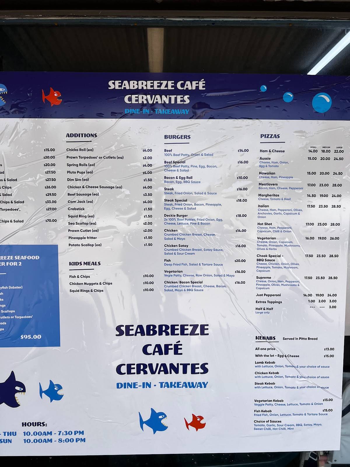 Menu at Sea Breeze Cafe, Cervantes