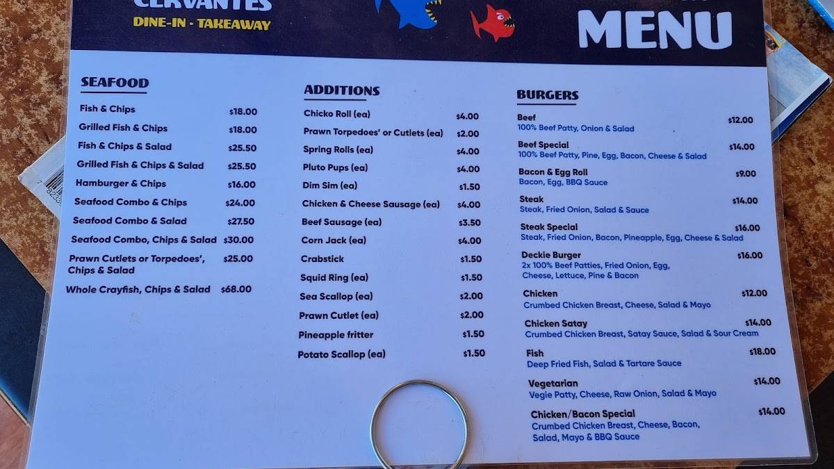 Menu at Sea Breeze Cafe, Cervantes
