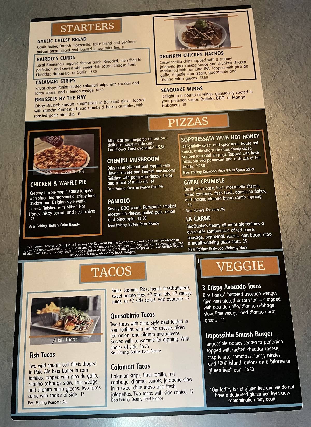 Menu at SeaQuake Brewing pizzeria, Crescent City
