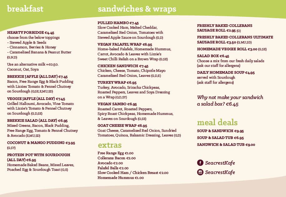 Menu at Seacrest kafé cafe, Galway