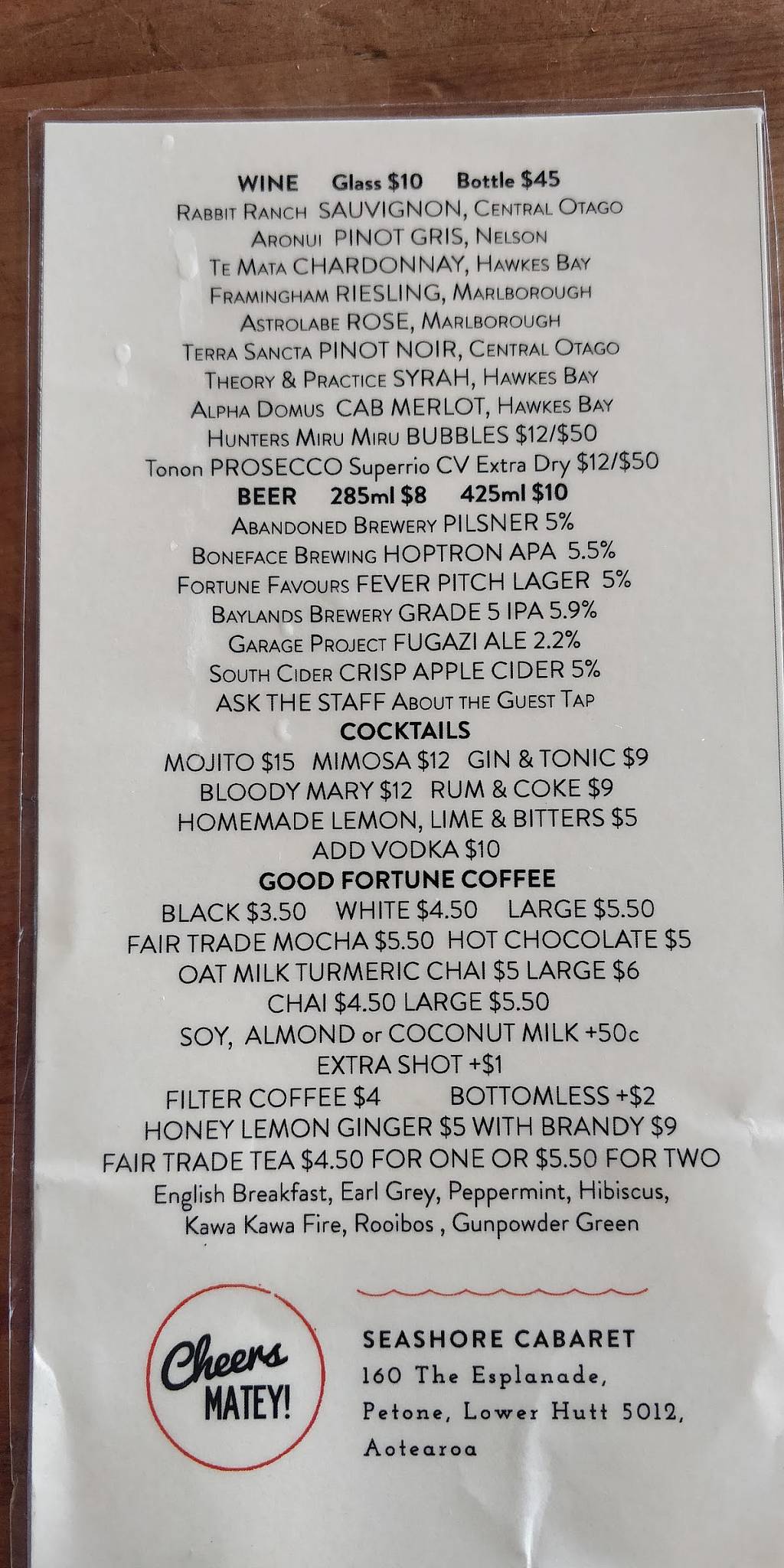 Menu at Seashore Cabaret, Lower Hutt