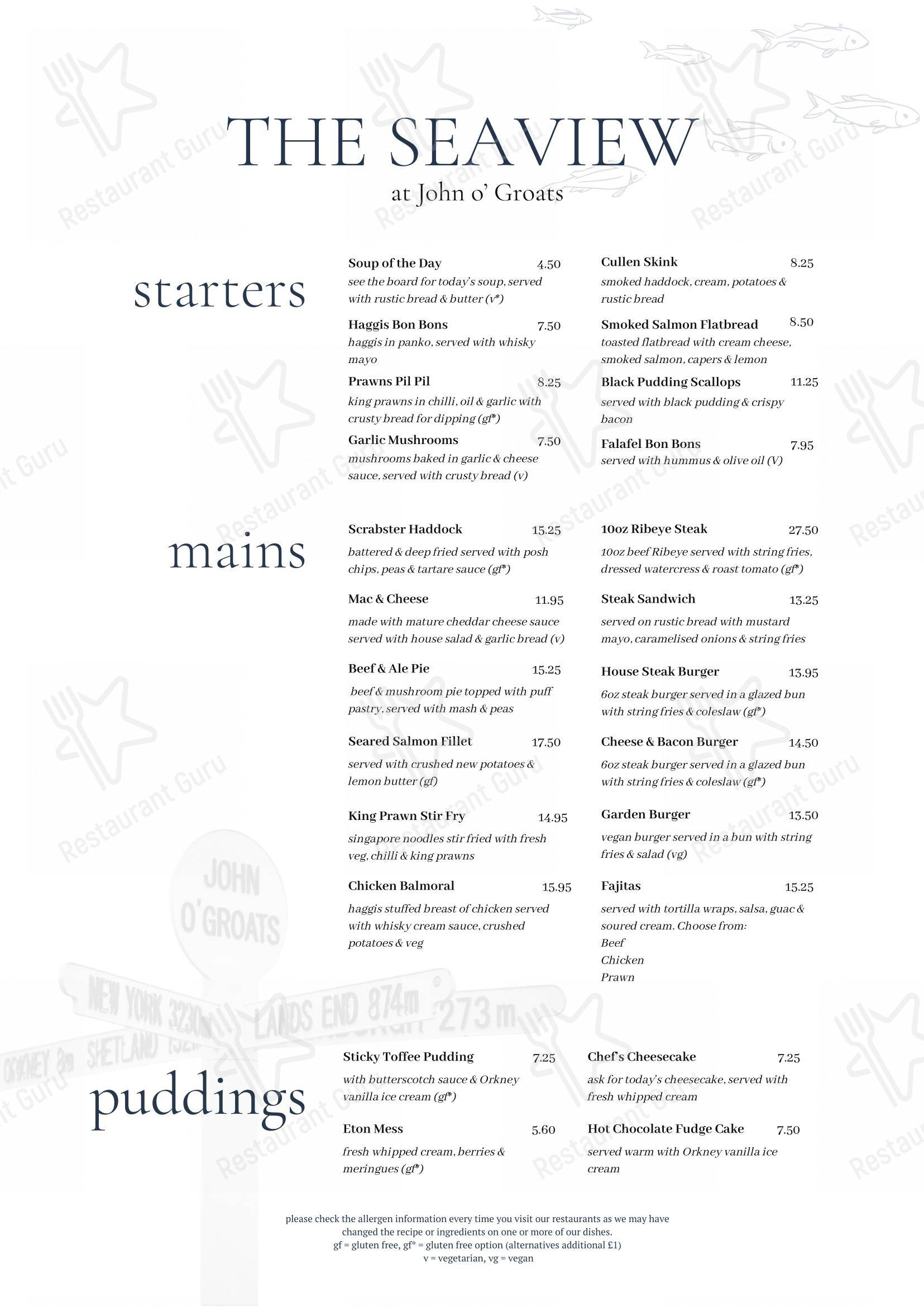 Menu at Seaview pub & bar, John o' Groats