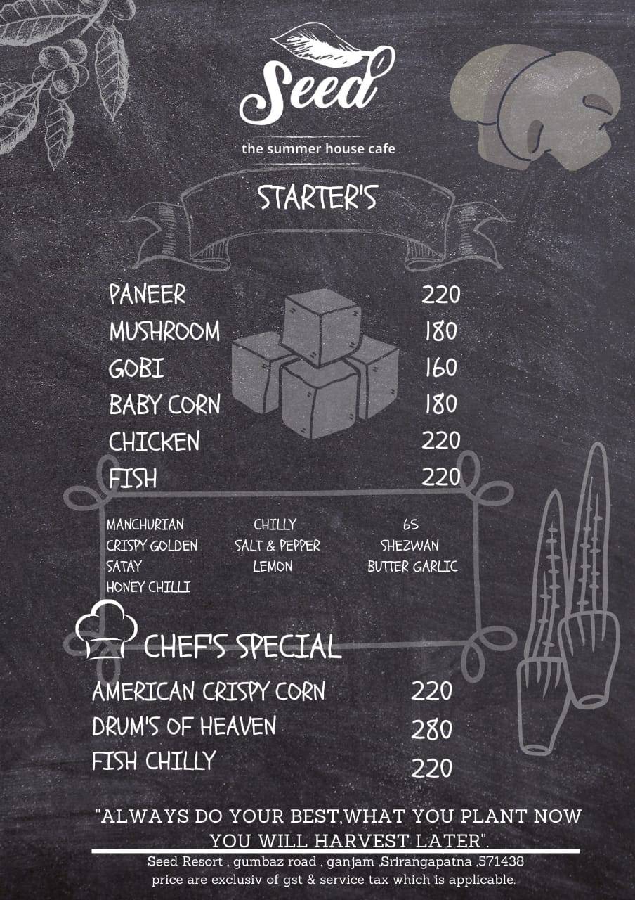 Menu at Seed Cafe, Srirangapatna