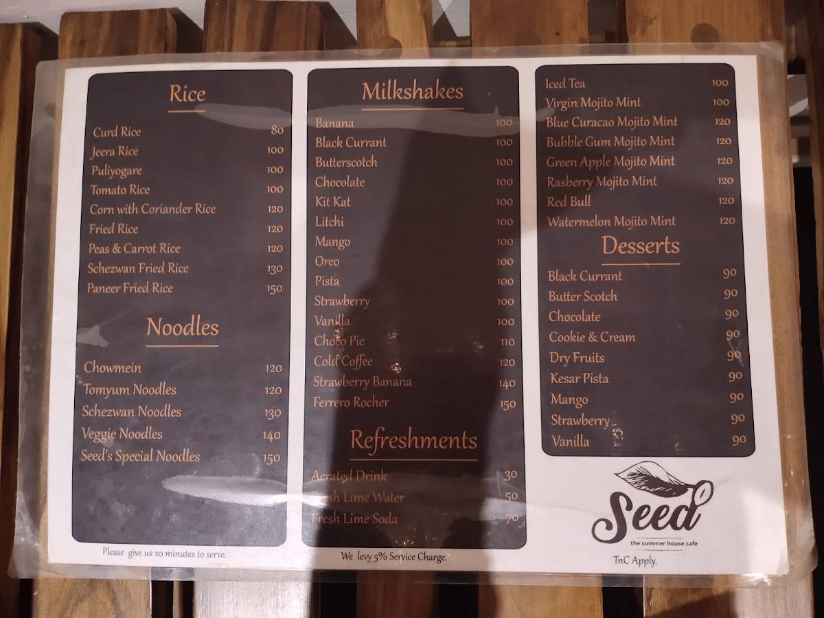 Menu at Seed Cafe, Srirangapatna