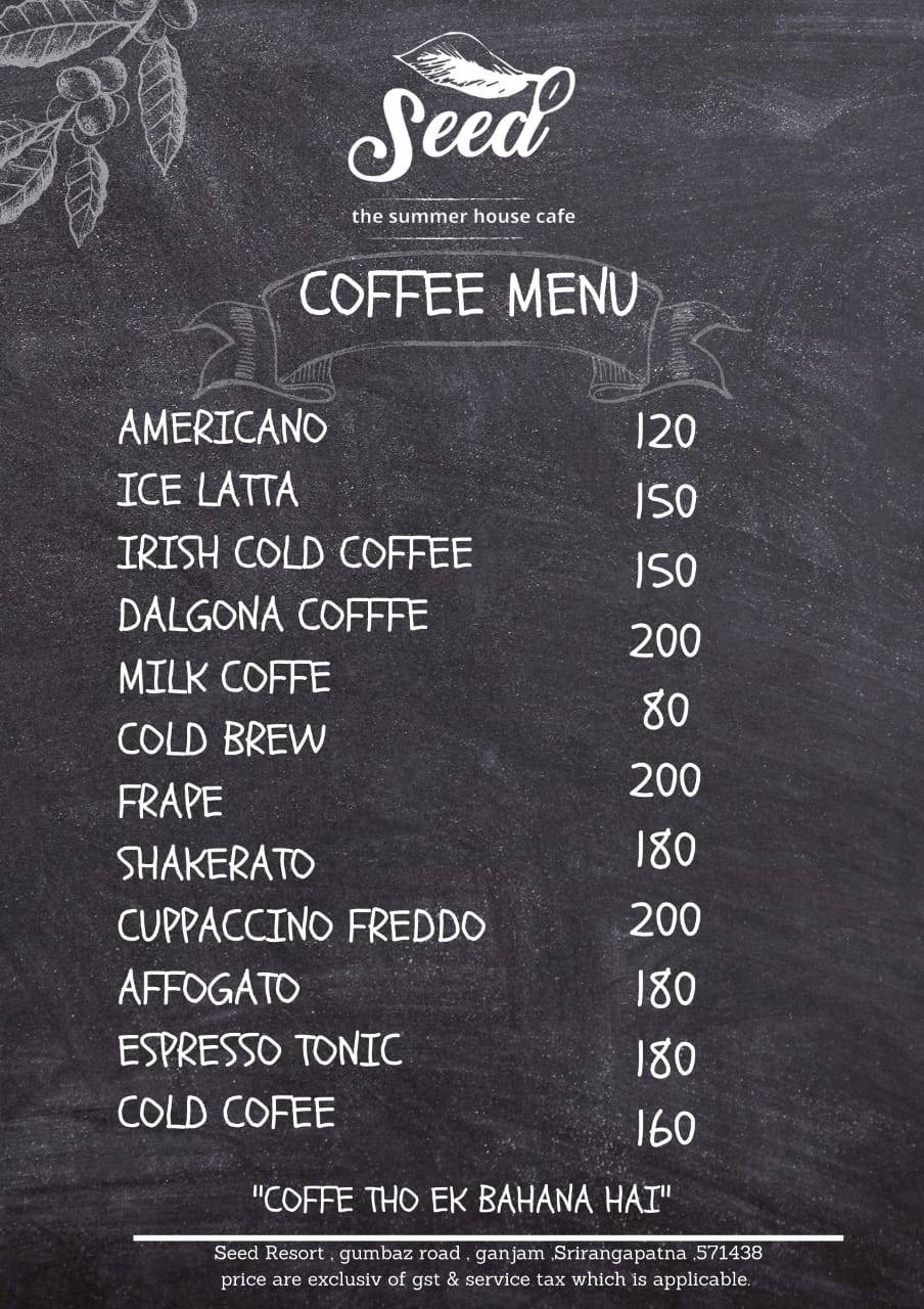 Menu at Seed Cafe, Srirangapatna