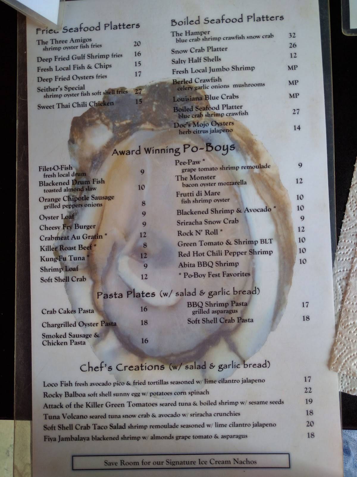 Menu at Seithers Seafood restaurant, Harahan