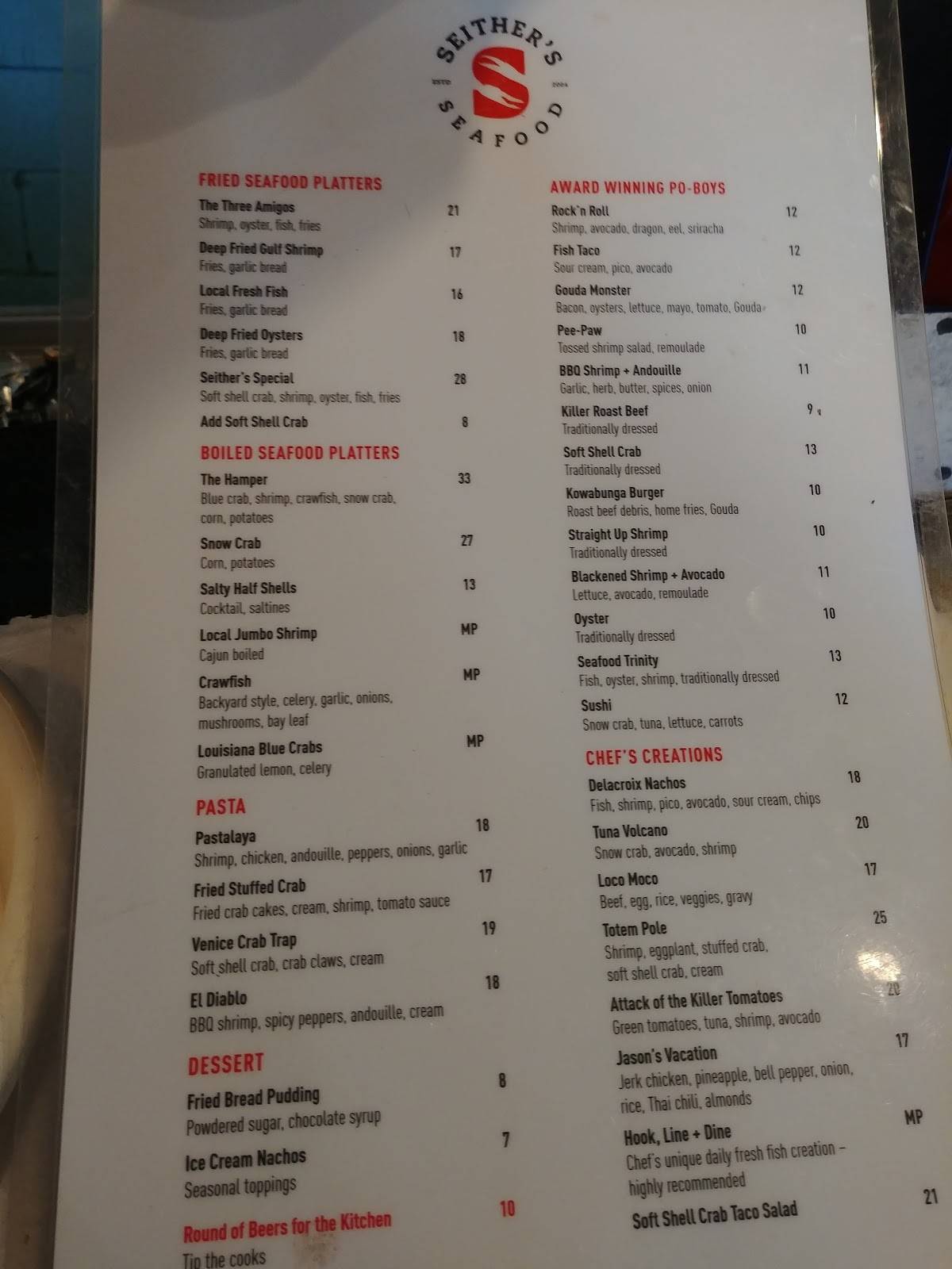 Menu at Seithers Seafood restaurant, Harahan