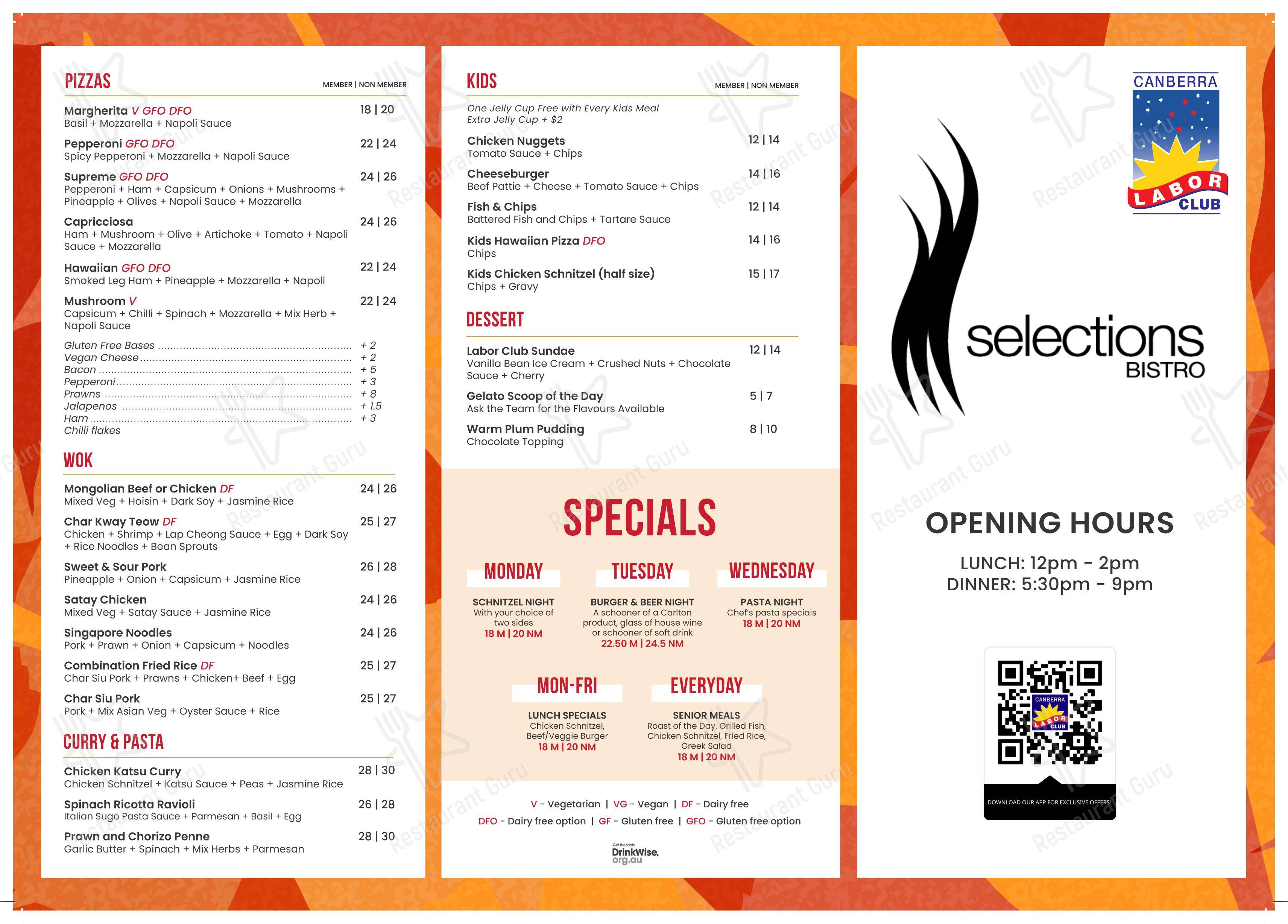 Menu at Selections Bistro at the Canberra Labor Club, Belconnen