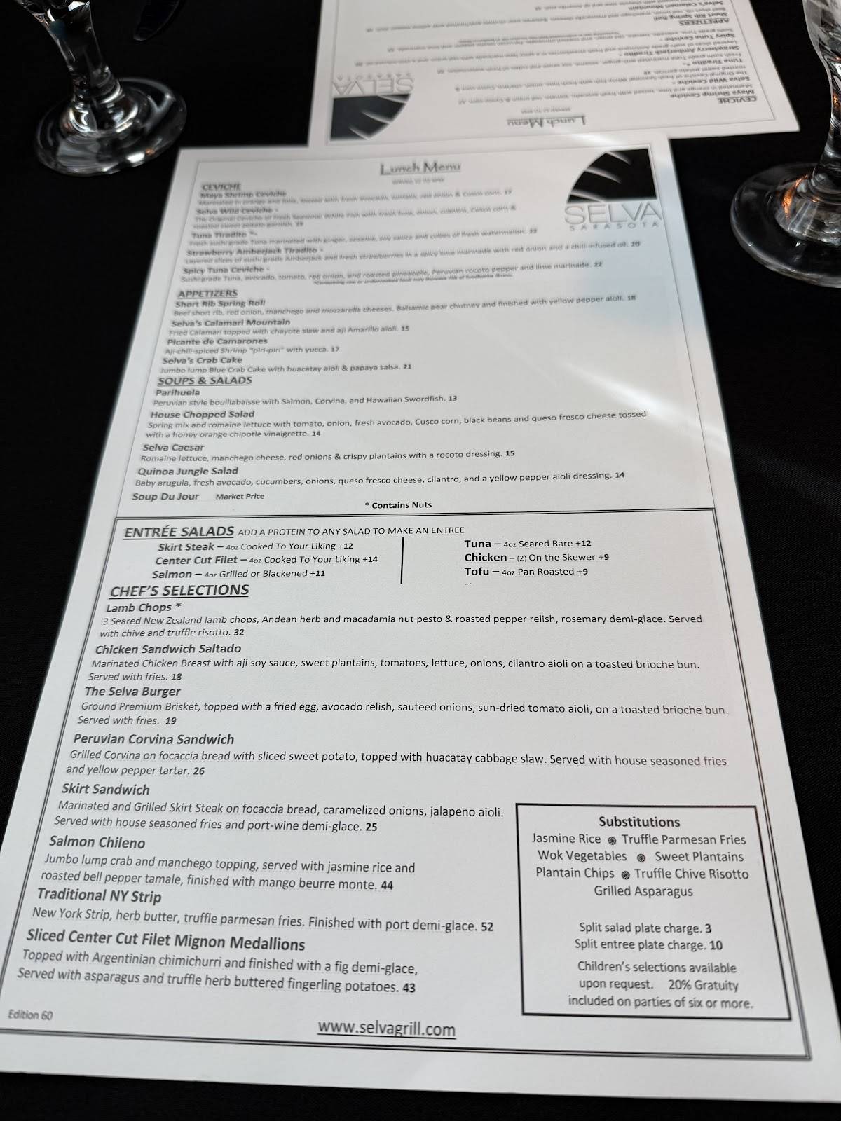 Menu at Selva Grill University Town Center restaurant, Sarasota
