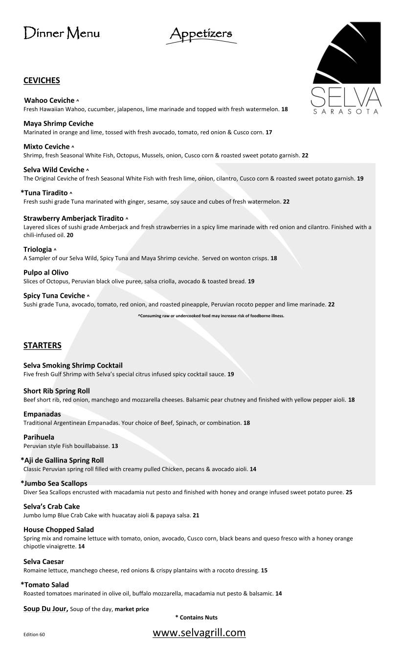 Menu at Selva Grill University Town Center restaurant, Sarasota