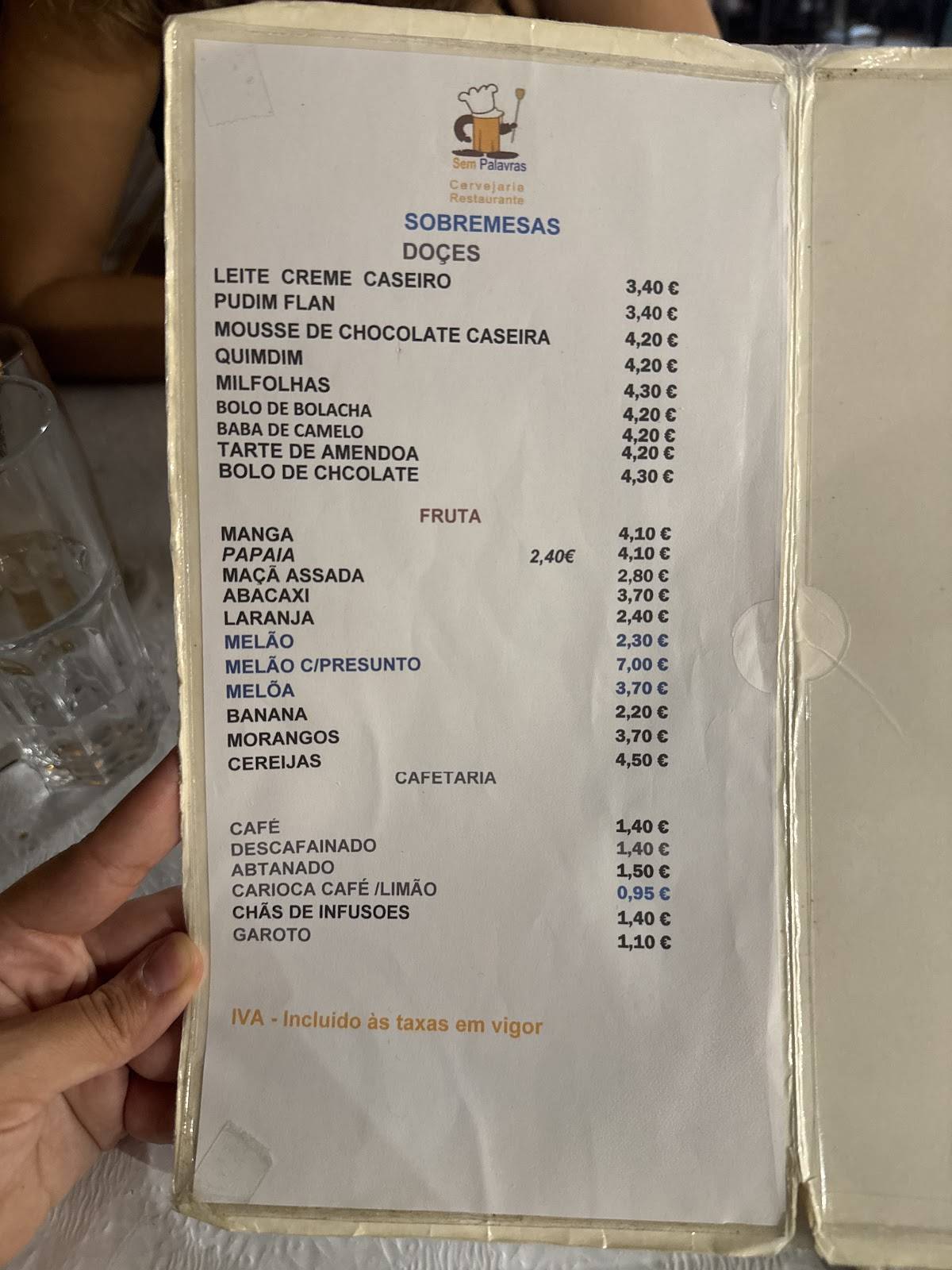 Menu em Sem Palavras restaurante, Lisboa