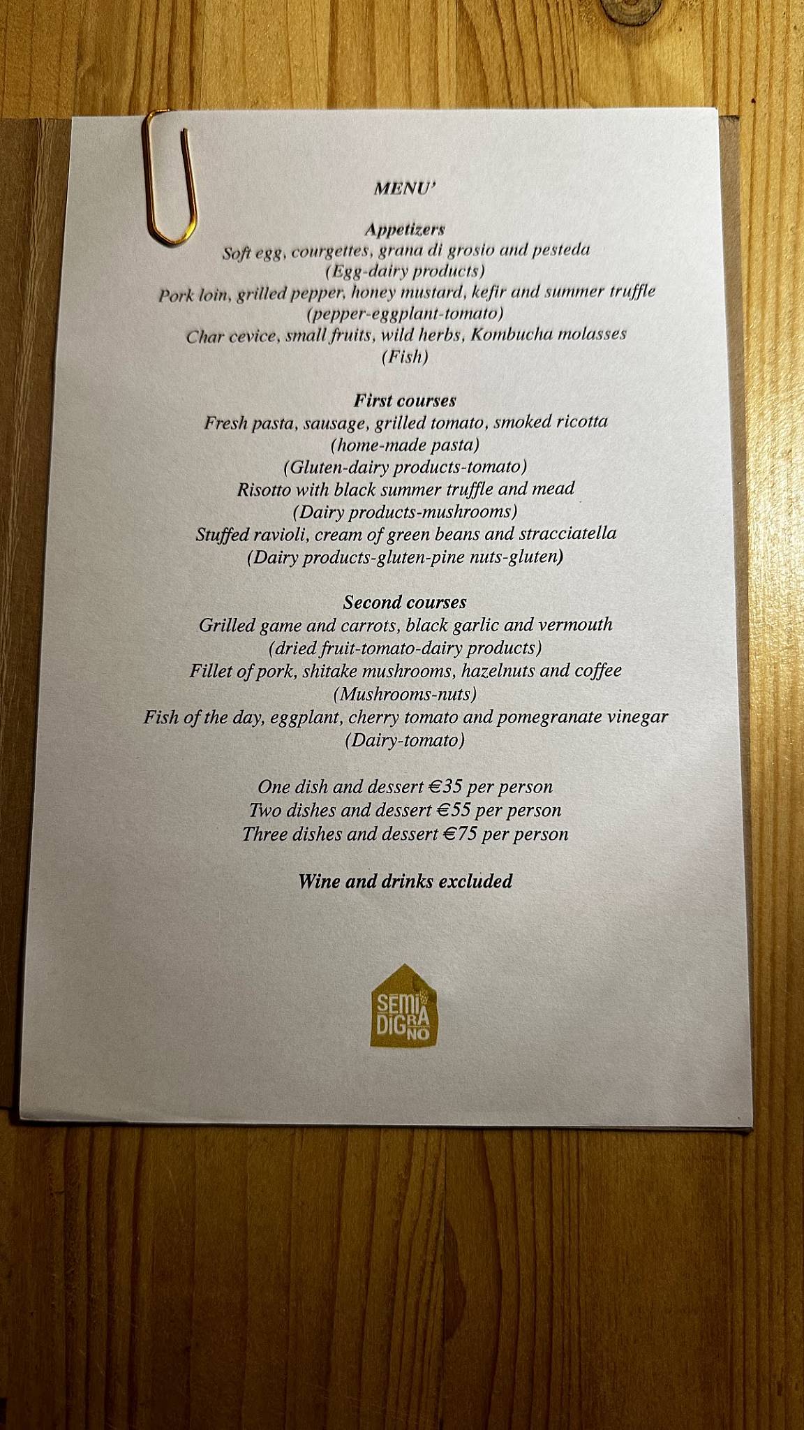 Menu at Semi di grano Home Restaurant, Perledo