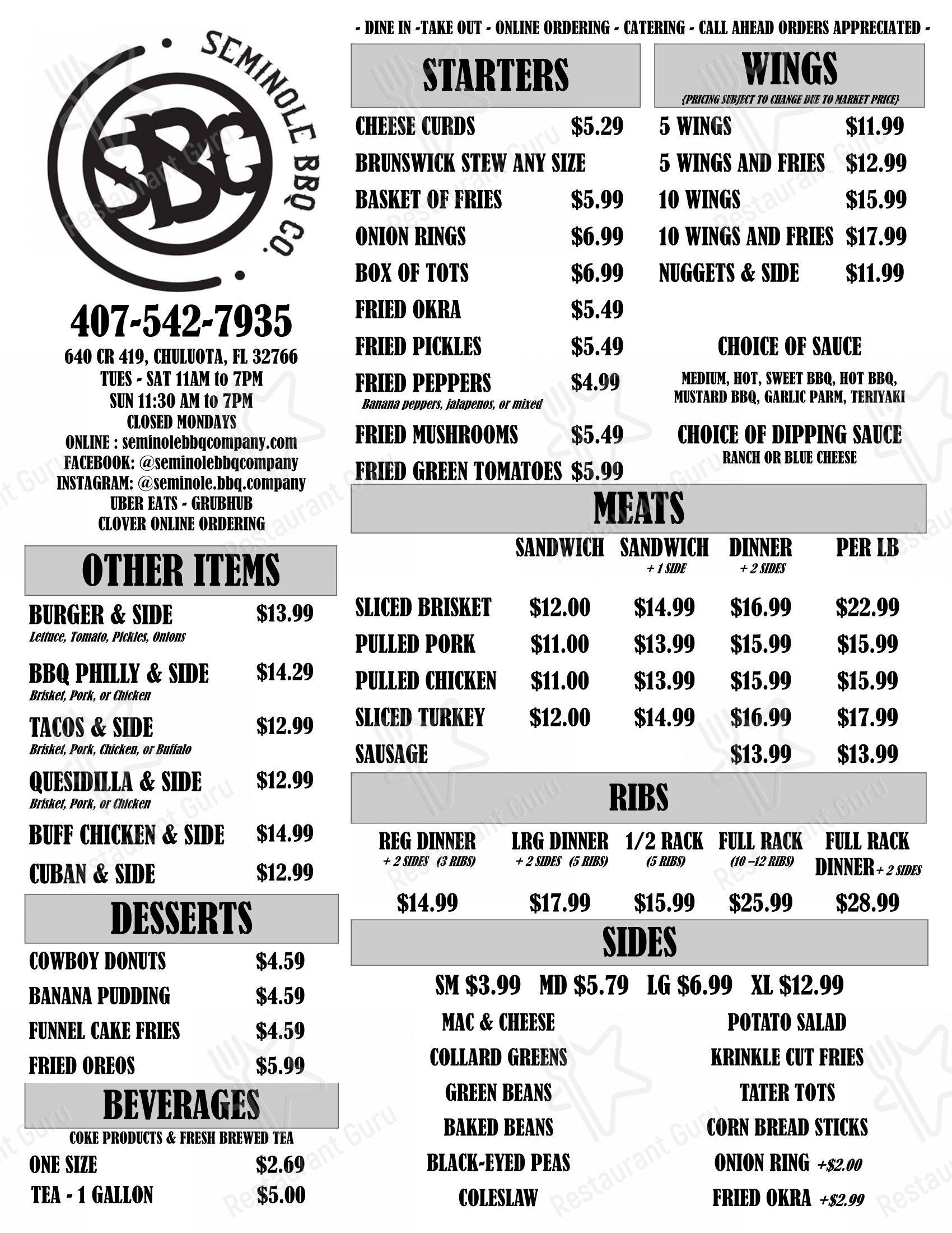 Menu at Seminole BBQ Company, Chuluota