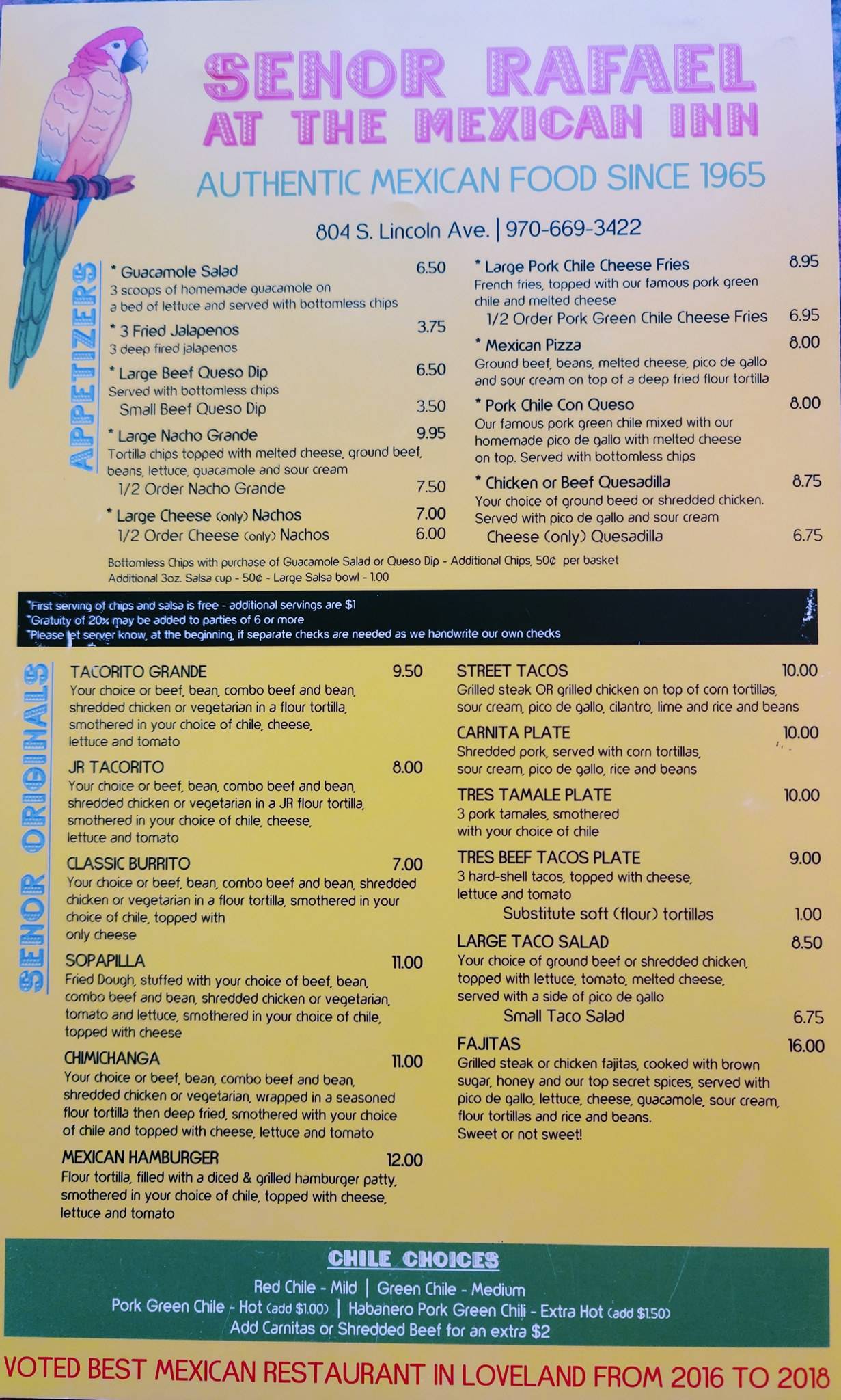 Menu at Senor Rafael at the Mexican Inn restaurant, Loveland