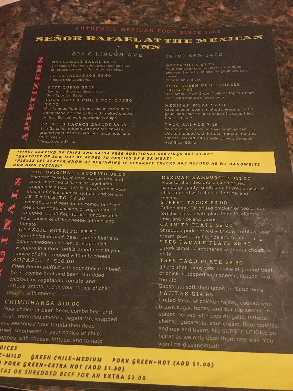 Menu at Senor Rafael at the Mexican Inn restaurant, Loveland