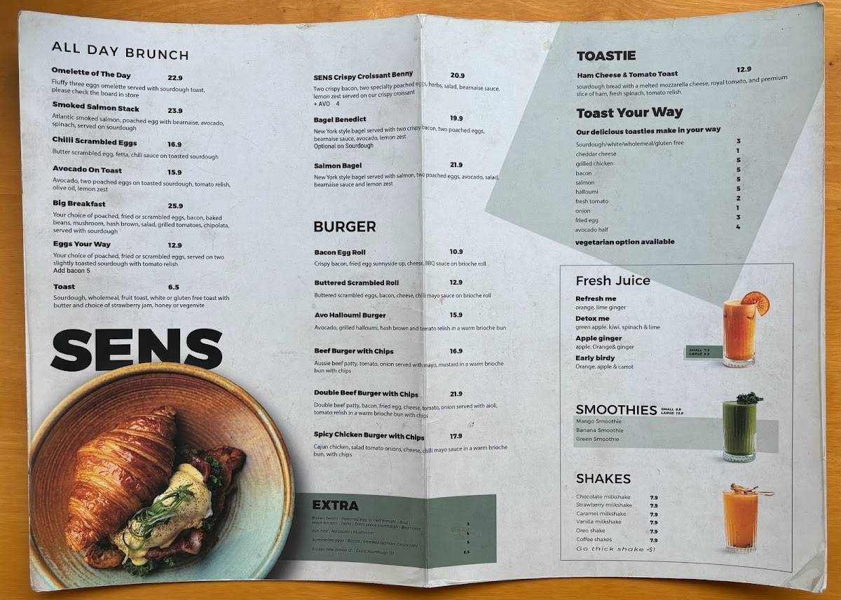 Menu at Sens Coffee Co. cafe, Brisbane City