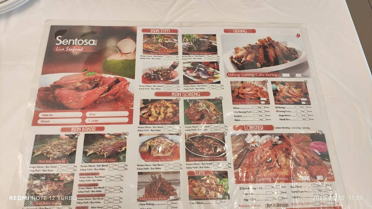 Menu at Sentosa Seafood PIK 2 restaurant, North Jakarta