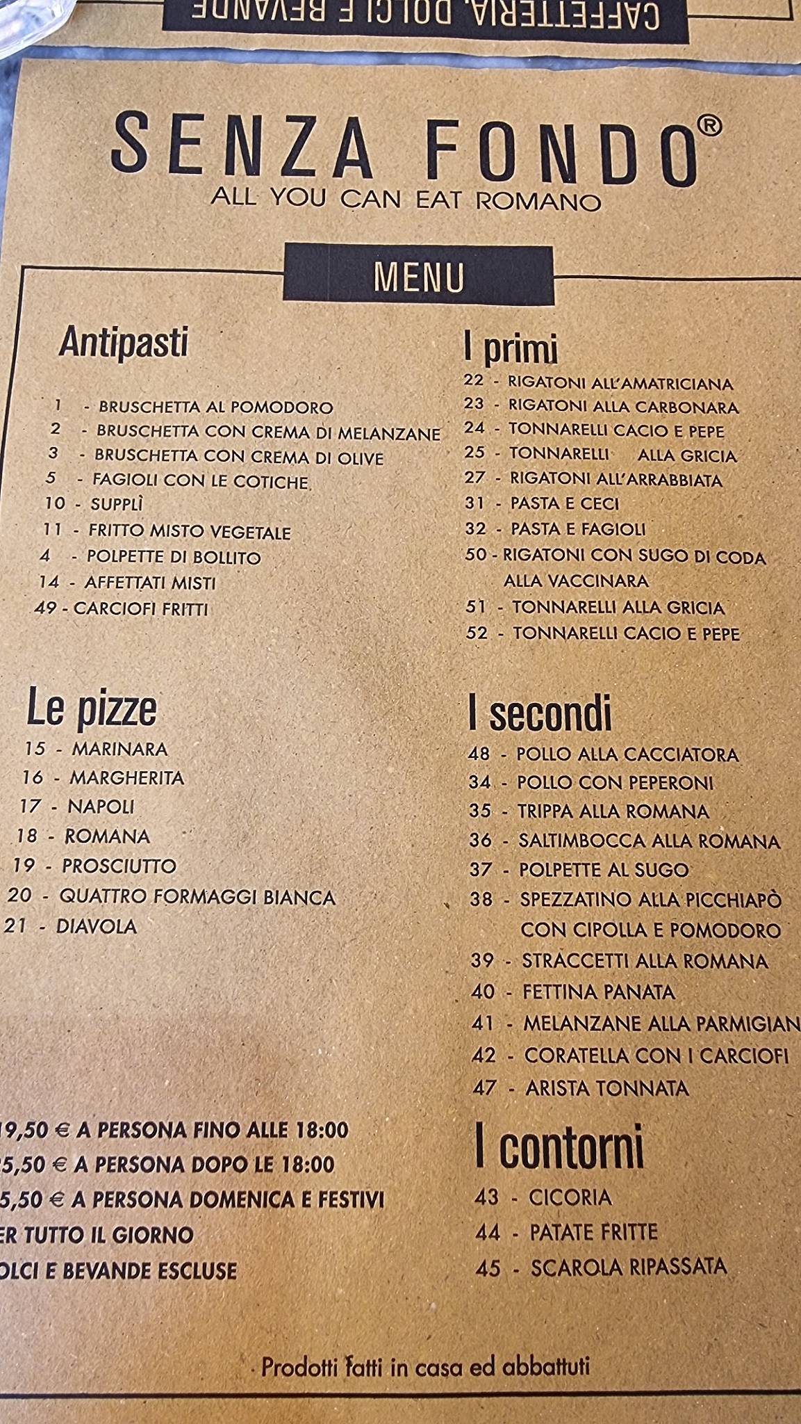 Menu da Senza Fondo pizzeria, Roma, Via del Teatro Pace