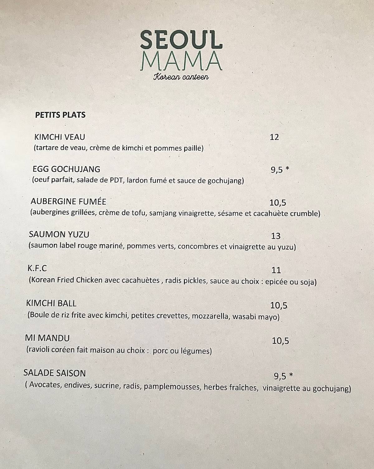Menu au Séoul Mama. restaurant, Paris, 245 Bis Rue Saint Jacques