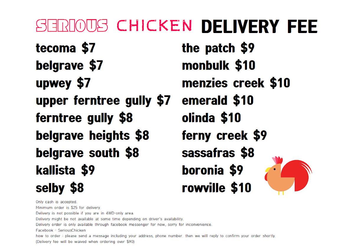Menu at Serious chicken restaurant, Tecoma