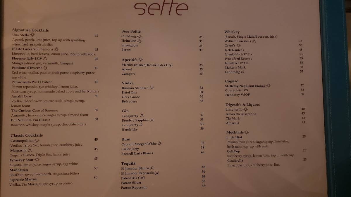 Menu at Sette restaurant, Dubai