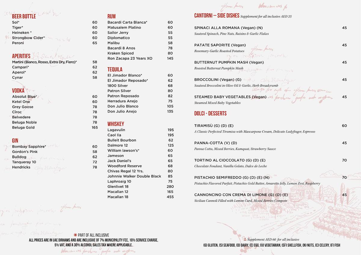 Menu at Sette restaurant, Dubai