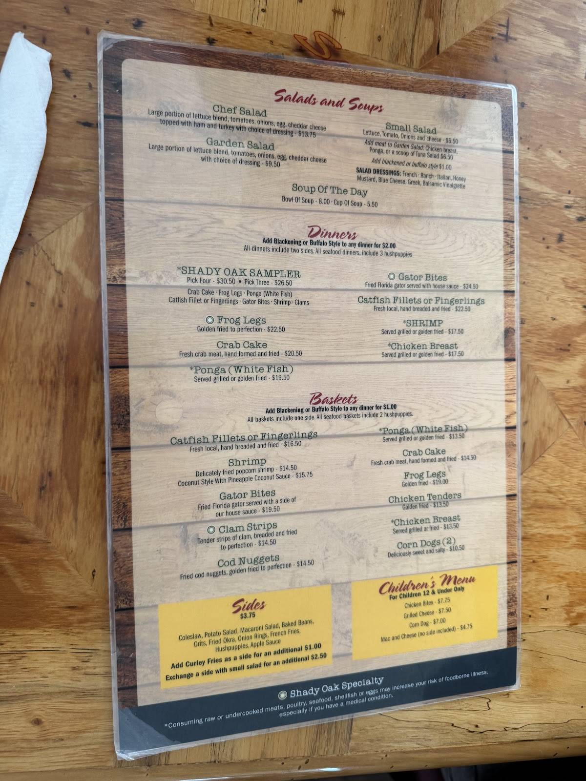 Menu at Shady Oak Restaurant, DeLand, New York Ave W