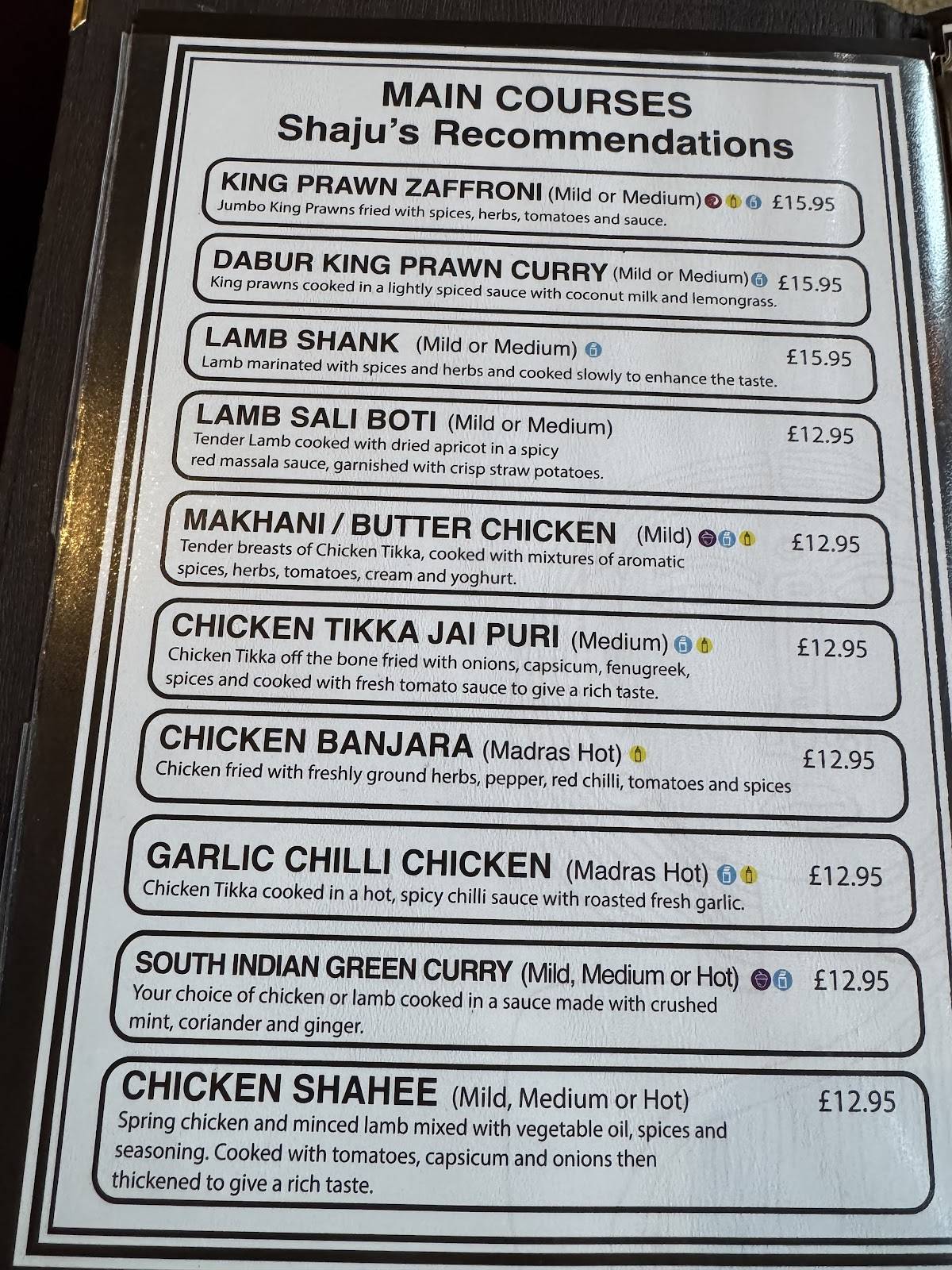 Menu at Shajan restaurant, Blackburn