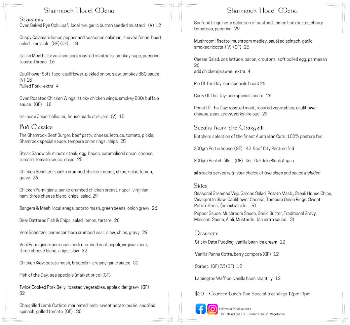 Menu at Shamrock Hotel & Accommodation Kyneton pub & bar, Kyneton
